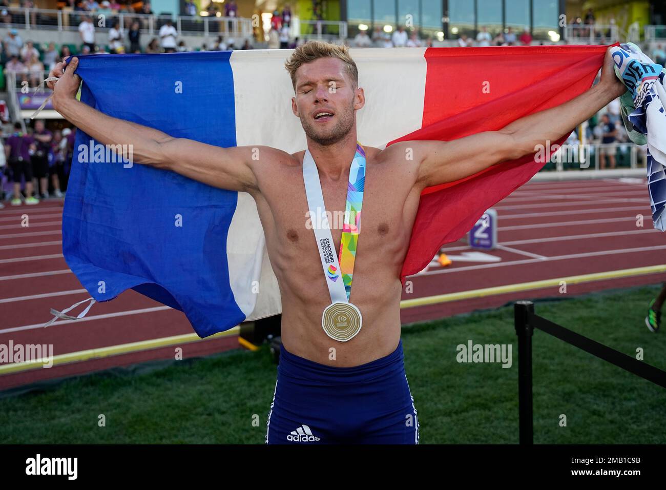 Kevin Mayer, of France, celebrates after winning the decathlon at the ...