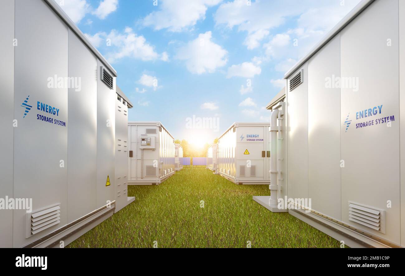 3d rendering group of energy storage systems or battery container units ...