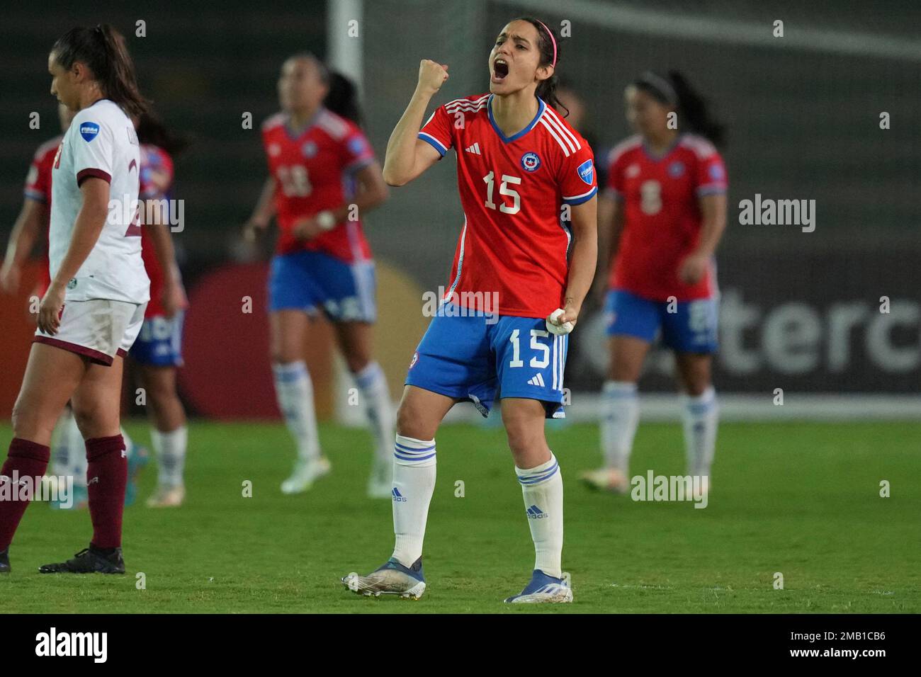 Chile's Daniela Zamora celebrates scoring against Venezuela during a ...