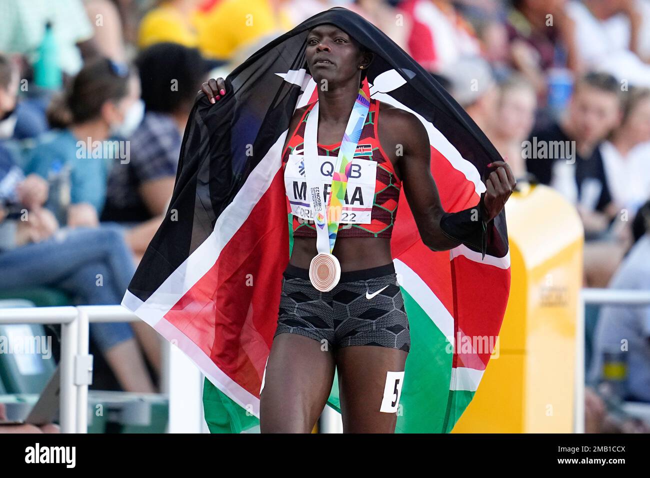 Bronze medlaist Mary Moraa, of Kenya, reacts after the final in the ...