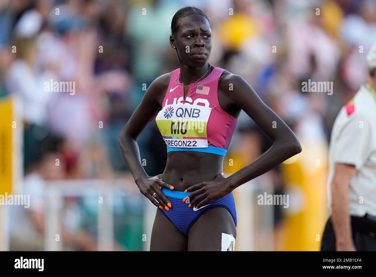 Athing Mu, of the United States, reacts after the final in the women's ...