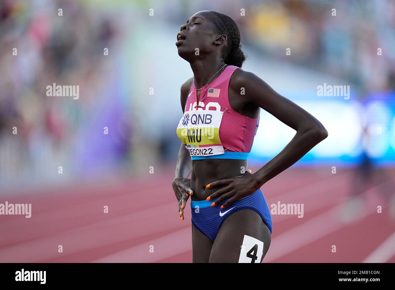 Athing Mu, of the United States, reacts after the final in the women's ...