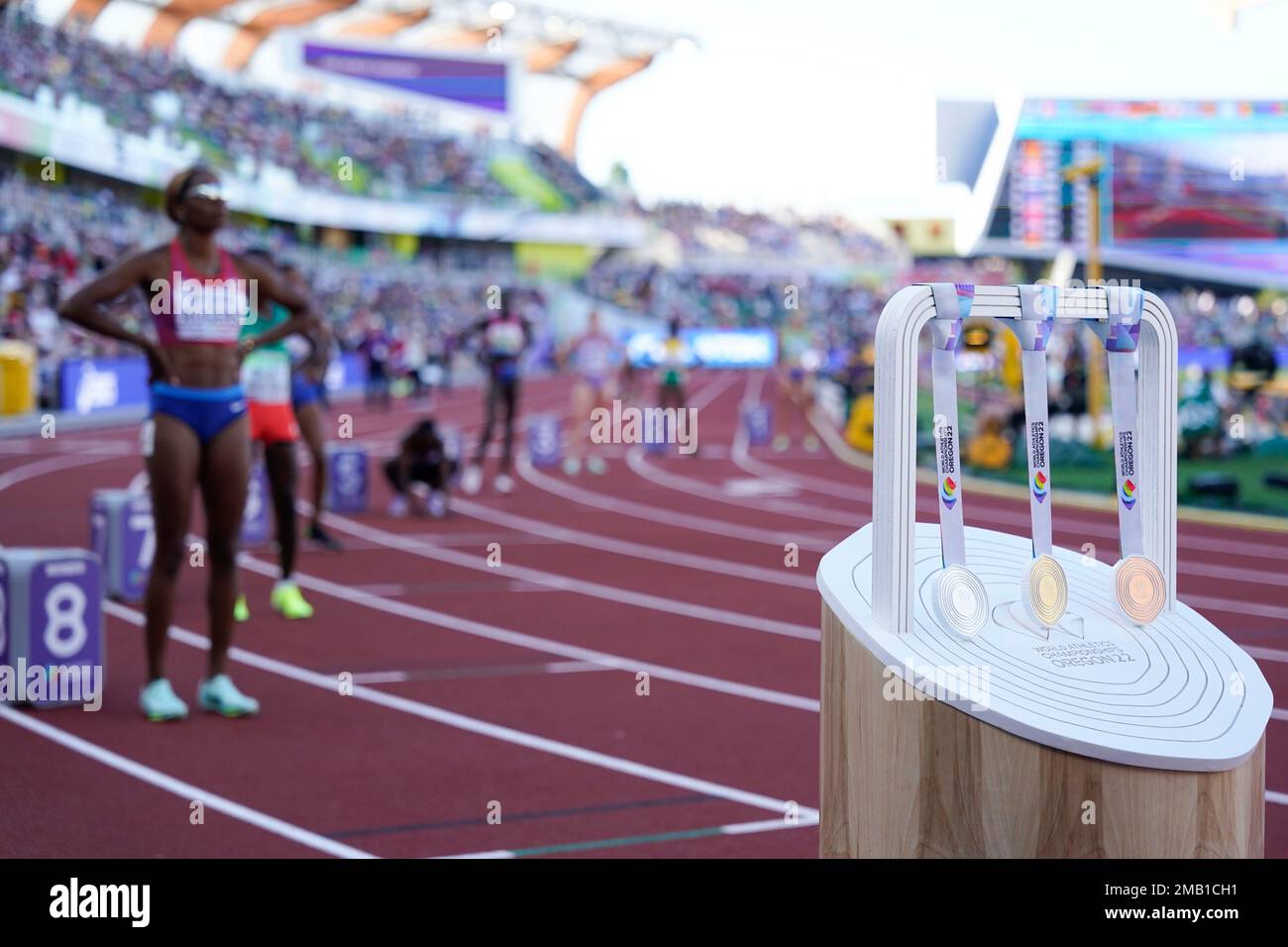 Medals are seen before the final in the women's 800-meter run at the ...