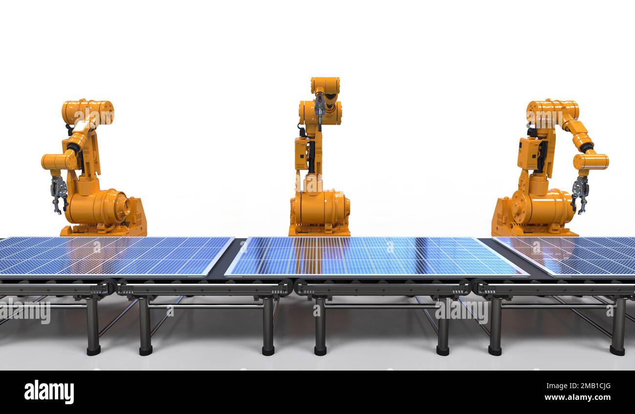 Automation factory with 3d rendering robot assembly line produce solar ...