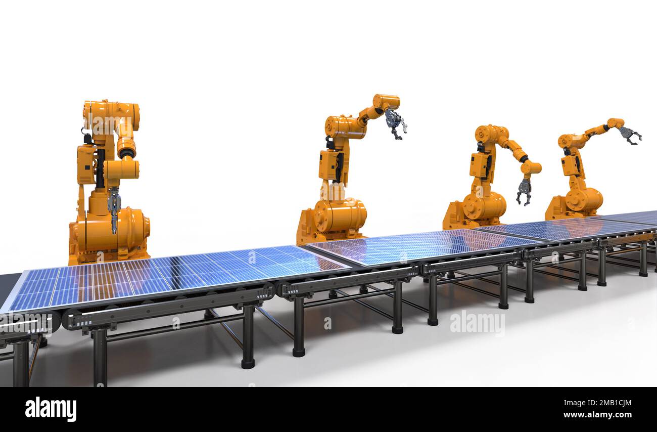 Automation factory with 3d rendering robot assembly line produce solar ...