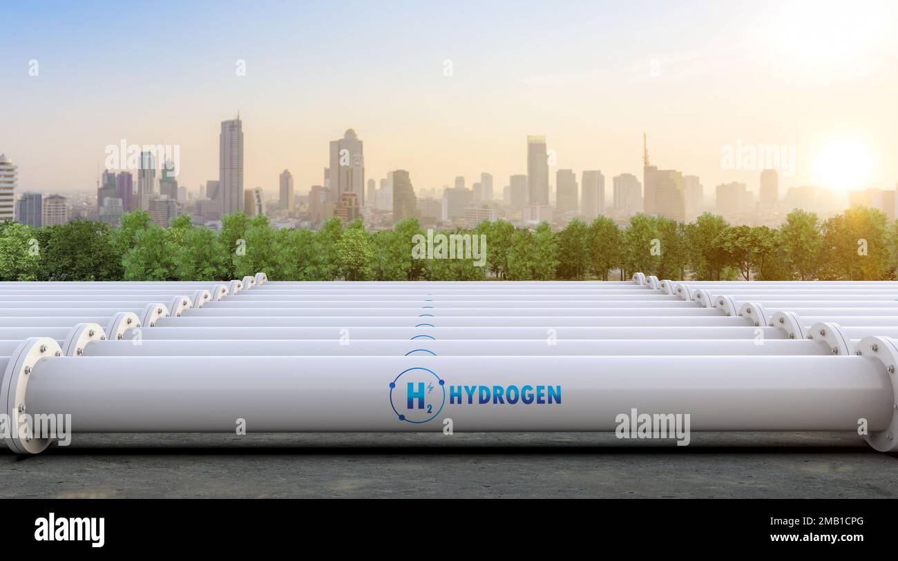 3d rendering metal pipeline with green field and blue sky background ...