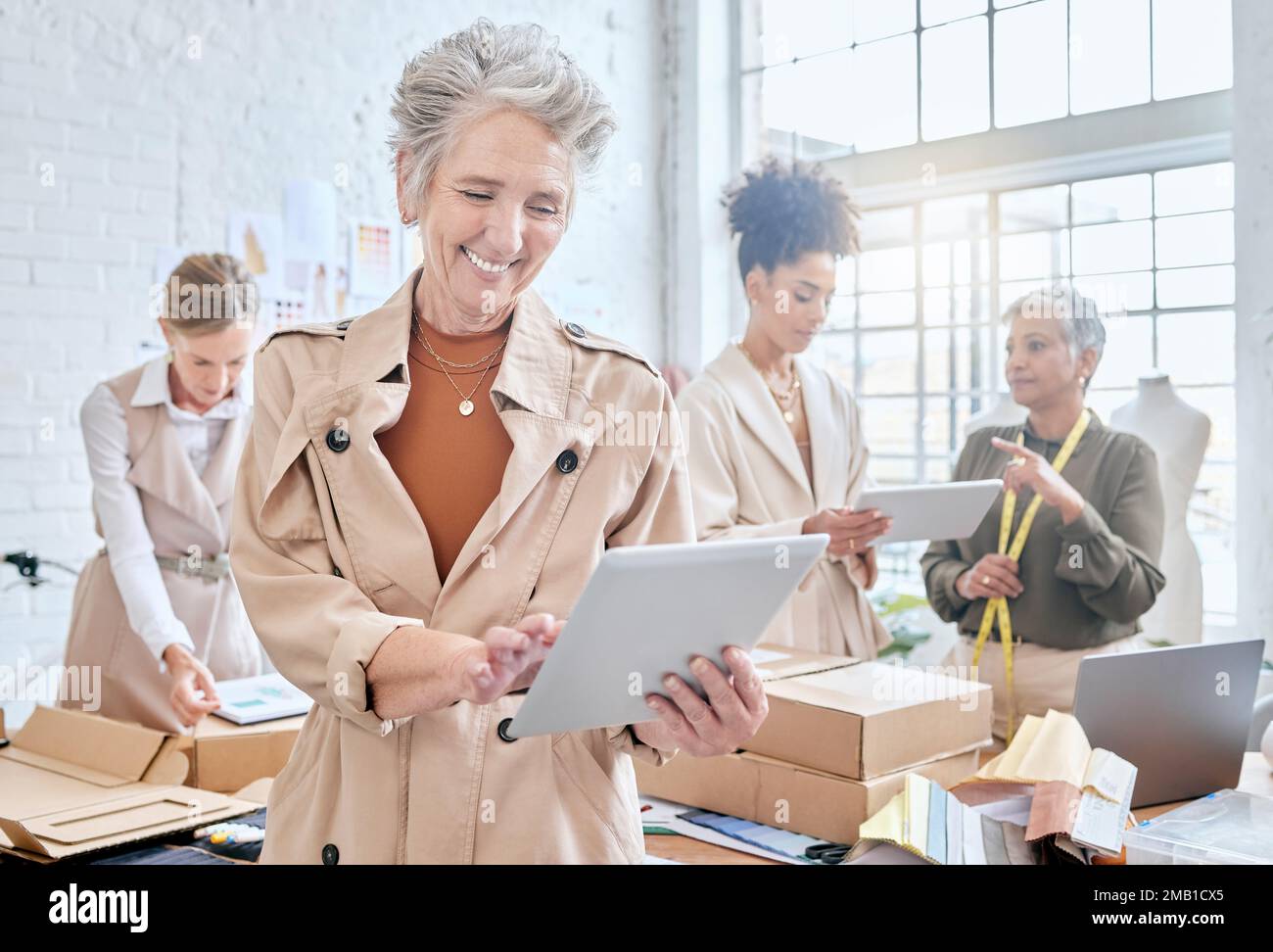 Manager tablet, ecommerce delivery and team diversity, package or stock ...