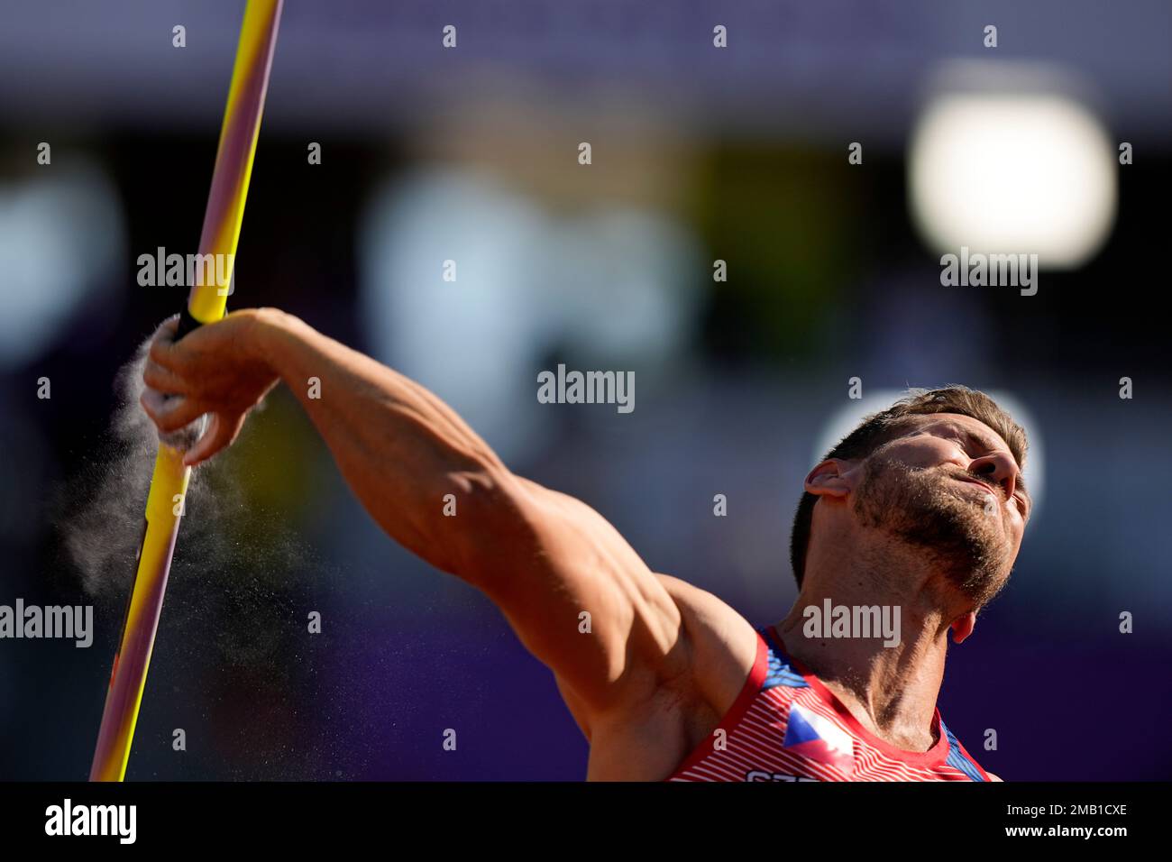 Jiri Sykora, of the Czech Republic, competes in the decathlon javelin ...