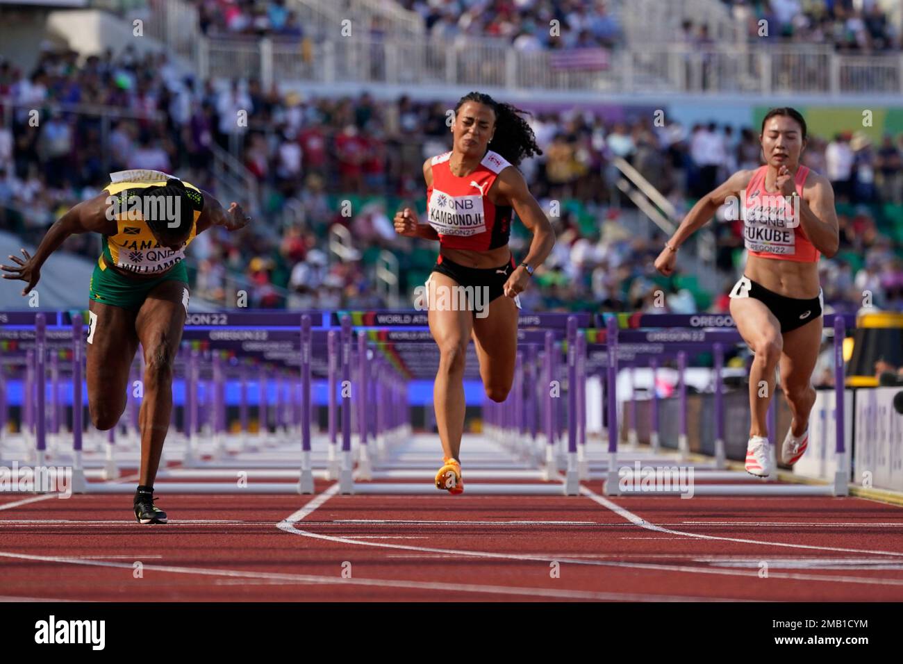 Ditaji Kambundji, of Switzerland, center and Mako Fukube, of Japan ...