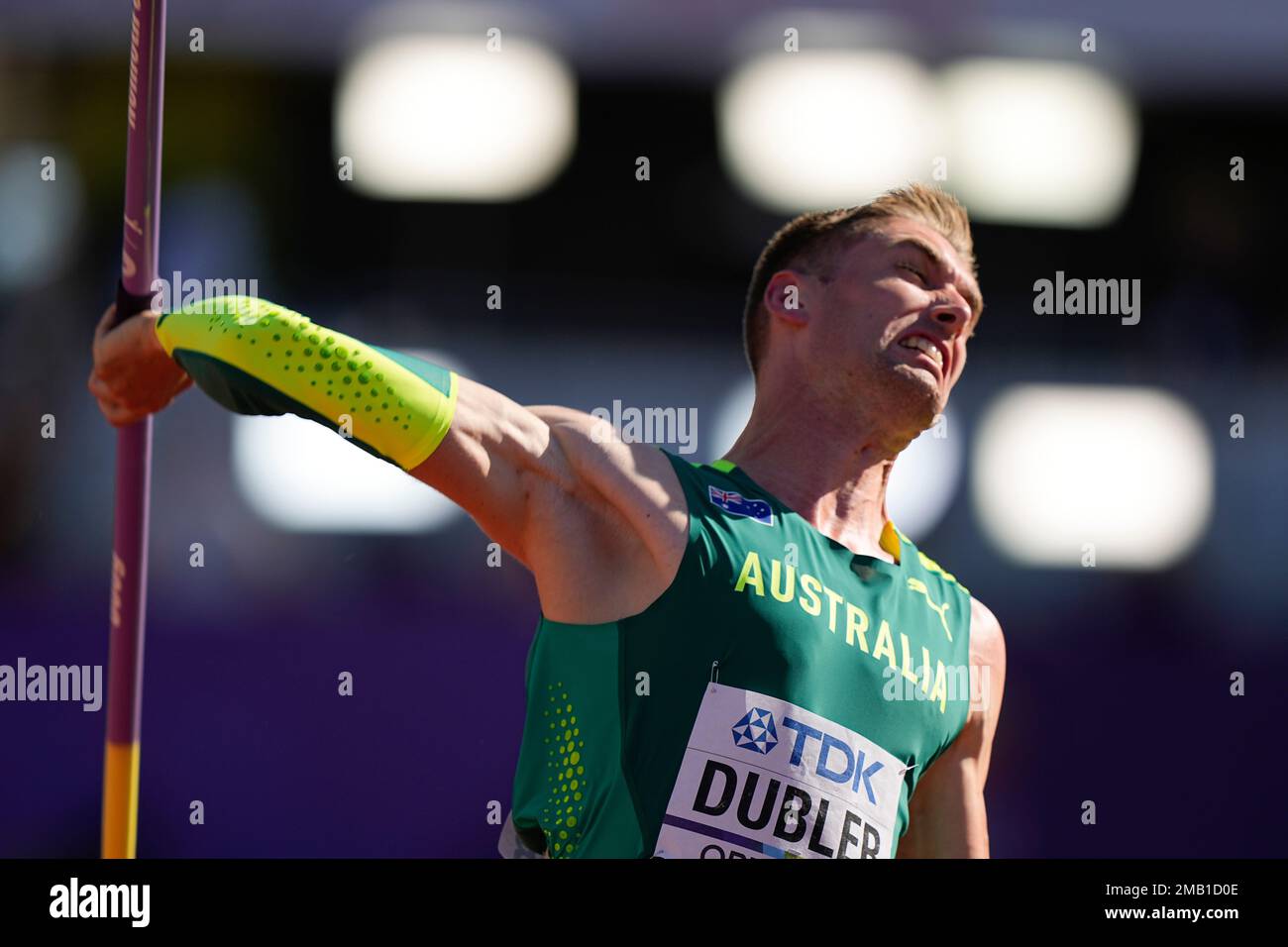Cedric Dubler, of Australia, competes in the decathlon javelin throw at ...