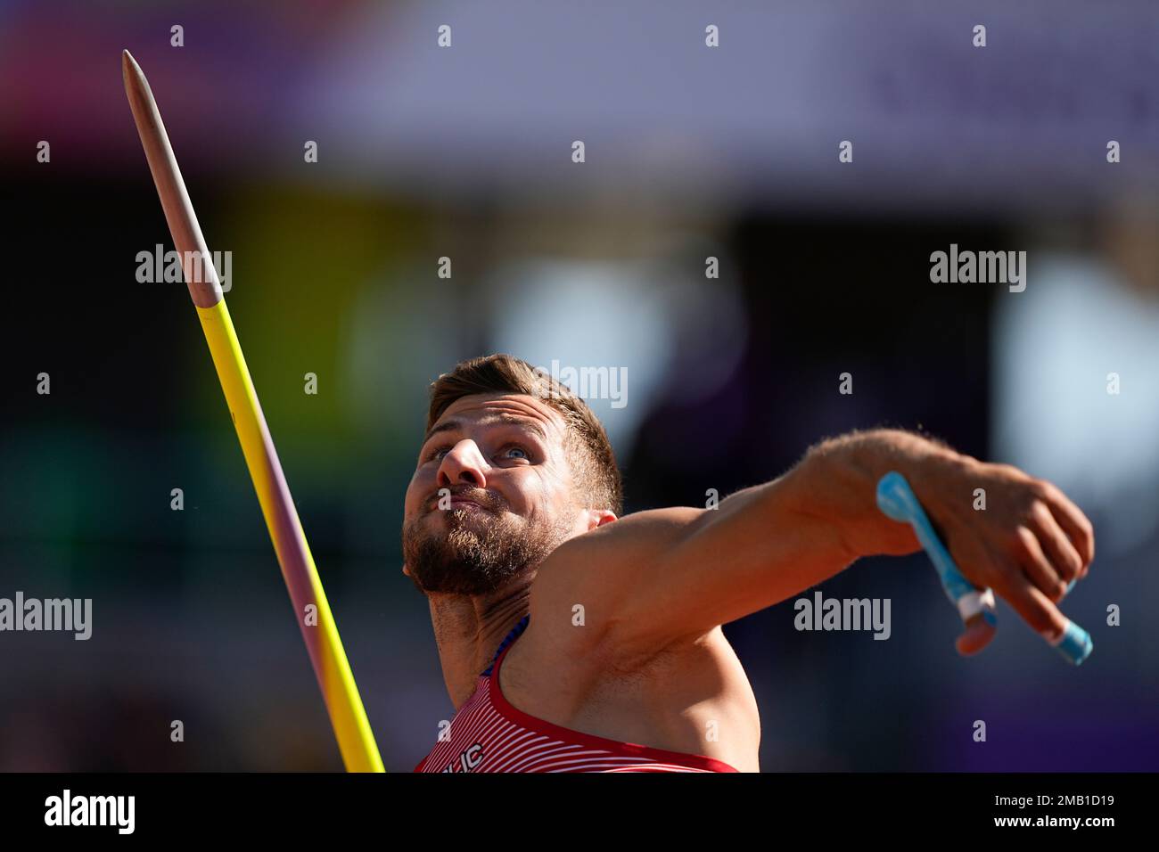 Jiri Sykora, of the Czech Republic, competes in the decathlon javelin ...