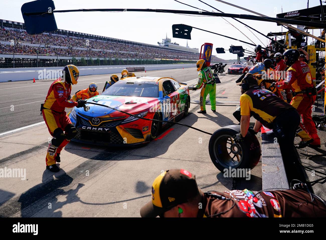 Kyle Busch comes in for a pit stop during a NASCAR Cup Series auto race ...