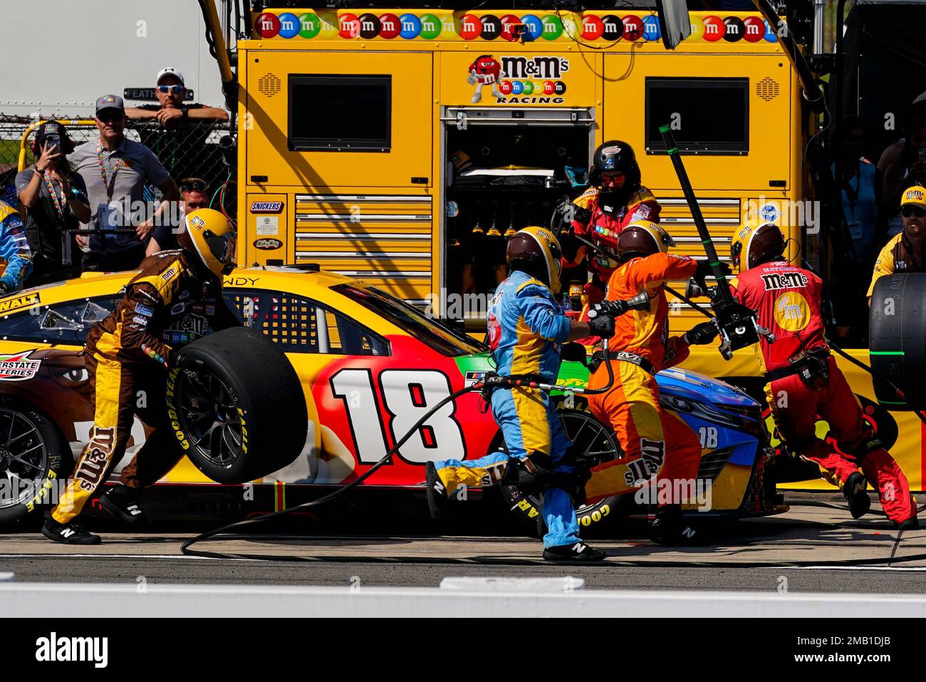 The pit crew for Kyle Busch services the car in a stop during a NASCAR ...