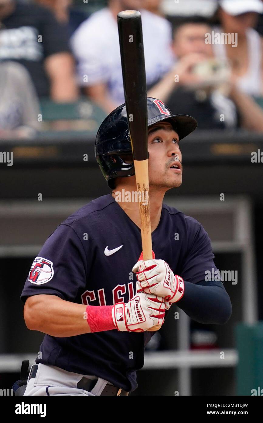 Cleveland Guardians' Steven Kwan watches his solo home run during the ...