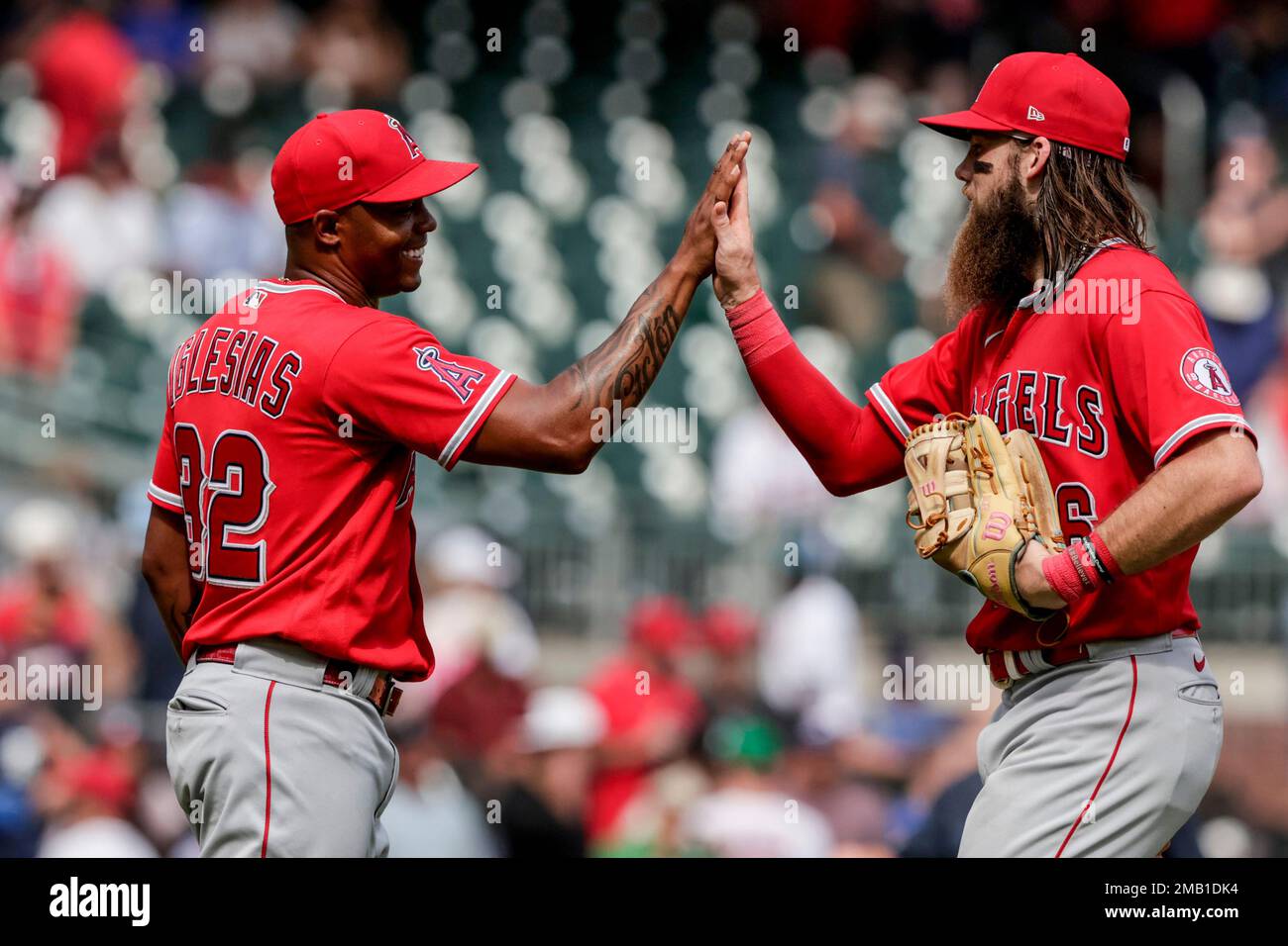 Los Angeles Angels relief pitcher Raisel Iglesias (32) celebrates with ...