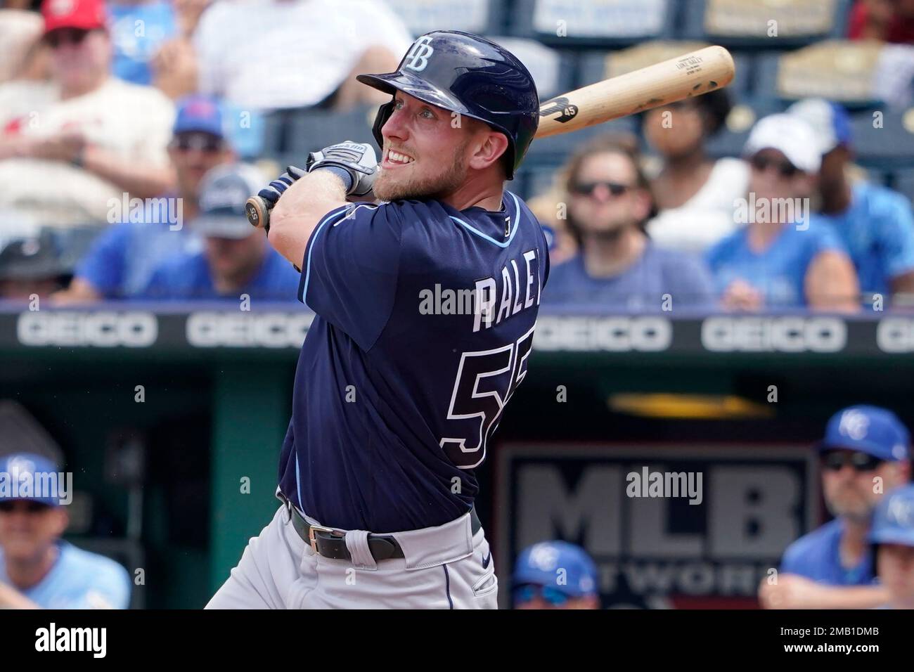 Tampa Bay Rays' Luke Raley hits a sacrifice fly in the sixth inning ...