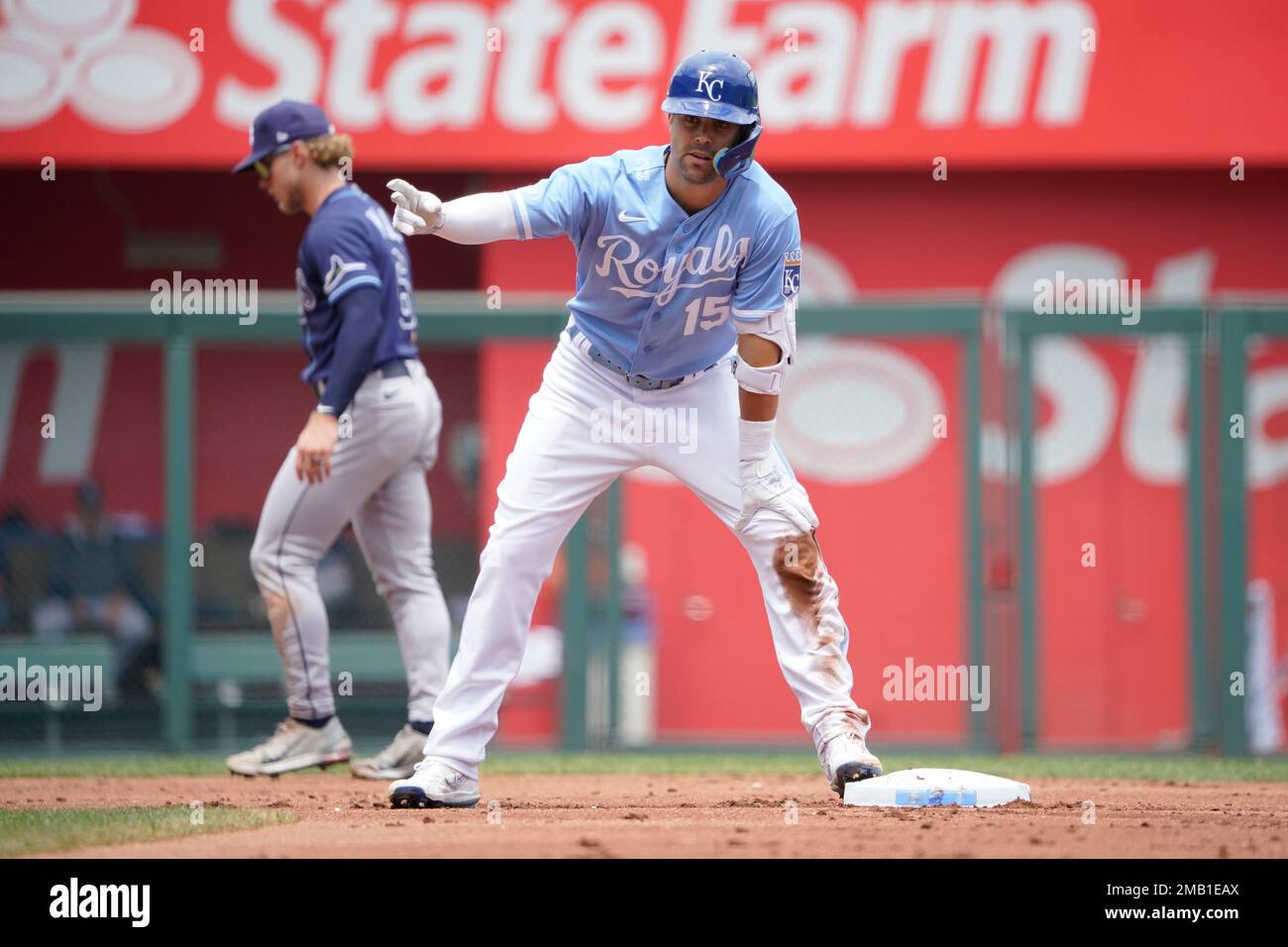 Kansas City Royals' Whit Merrifield (15) celebrates after his double in ...