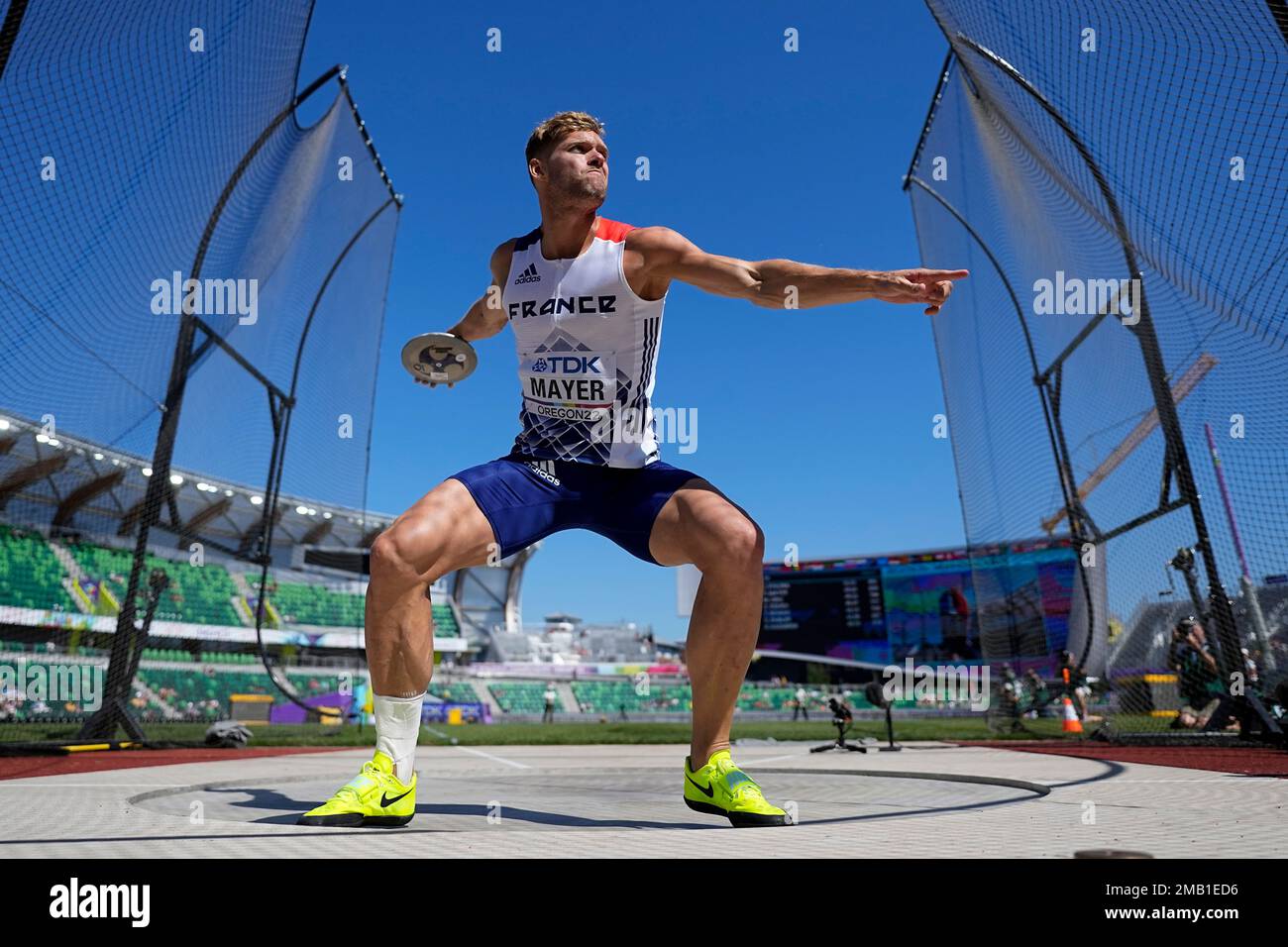 Kevin Mayer, of France, competes in the decathlon discus throw at the ...