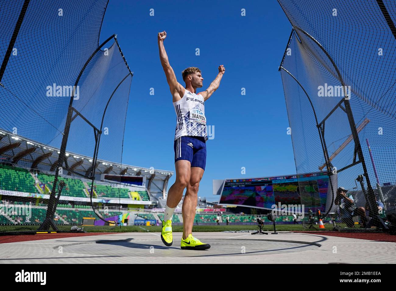 Kevin Mayer, of France, competes in the decathlon discus throw at the ...