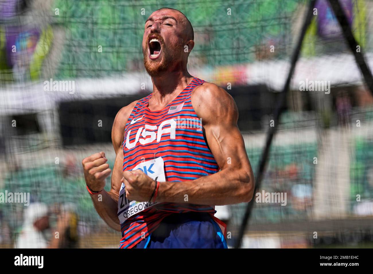 Zachery Ziemek, of the United States, celebrates during the decathlon ...