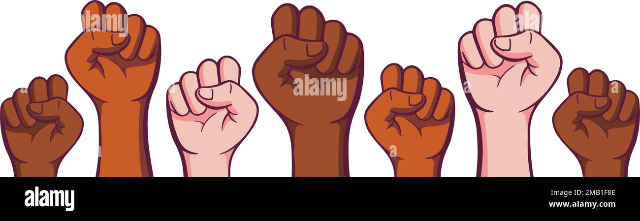 People hands raised with clenched fists, isolated on a white background ...