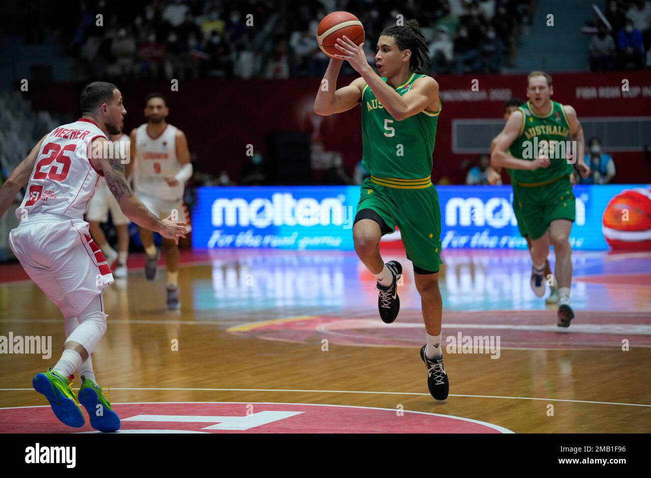 Australia's Tyrese Proctor, right, plays against Lebanon's Ali Mezher ...
