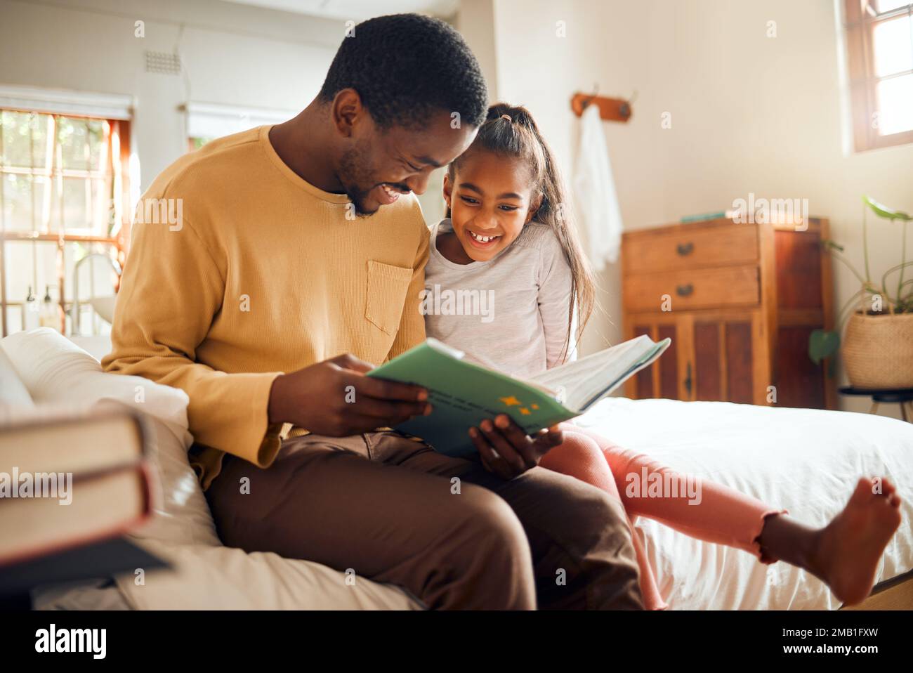 Black family, storytelling father and child for language support, help ...