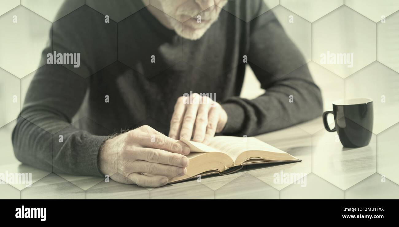 Man sitting and reading a book, geometric pattern Stock Photo - Alamy