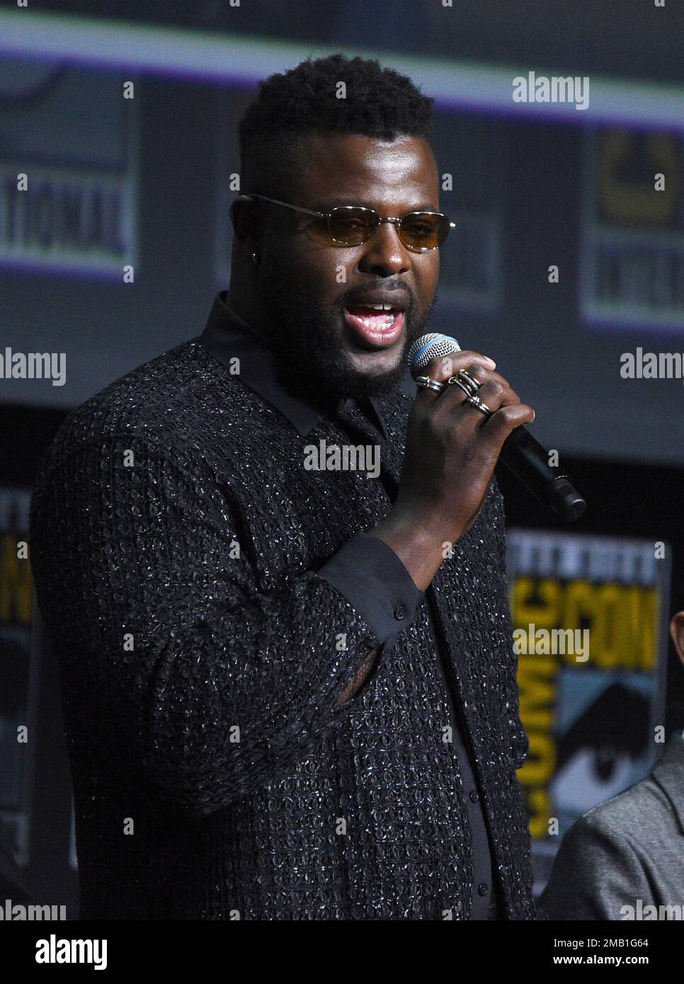 Winston Duke attends a panel for Marvel Studios on day three of Comic ...