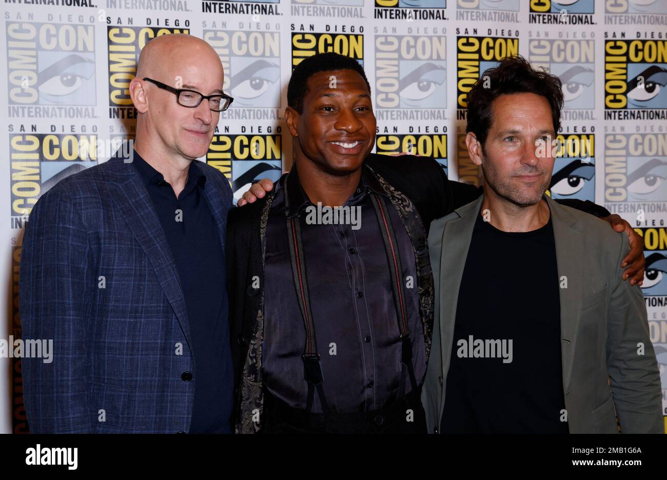 Peyton Reed, from left, Jonathan Majors and Paul Rudd attend a press ...