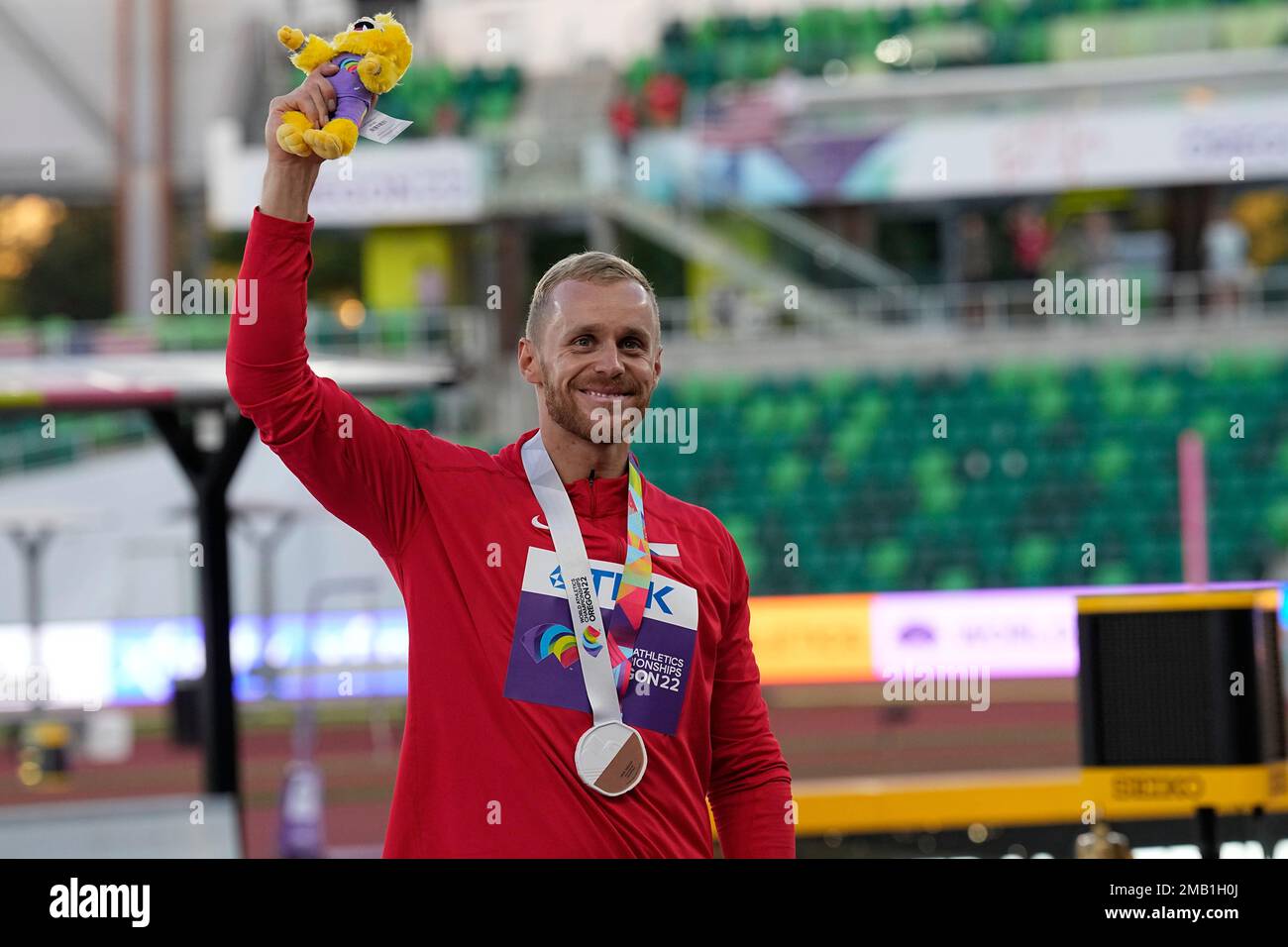 Bronze medalist Jakub Vadlejch, of the Czech Republic, poses during a ...