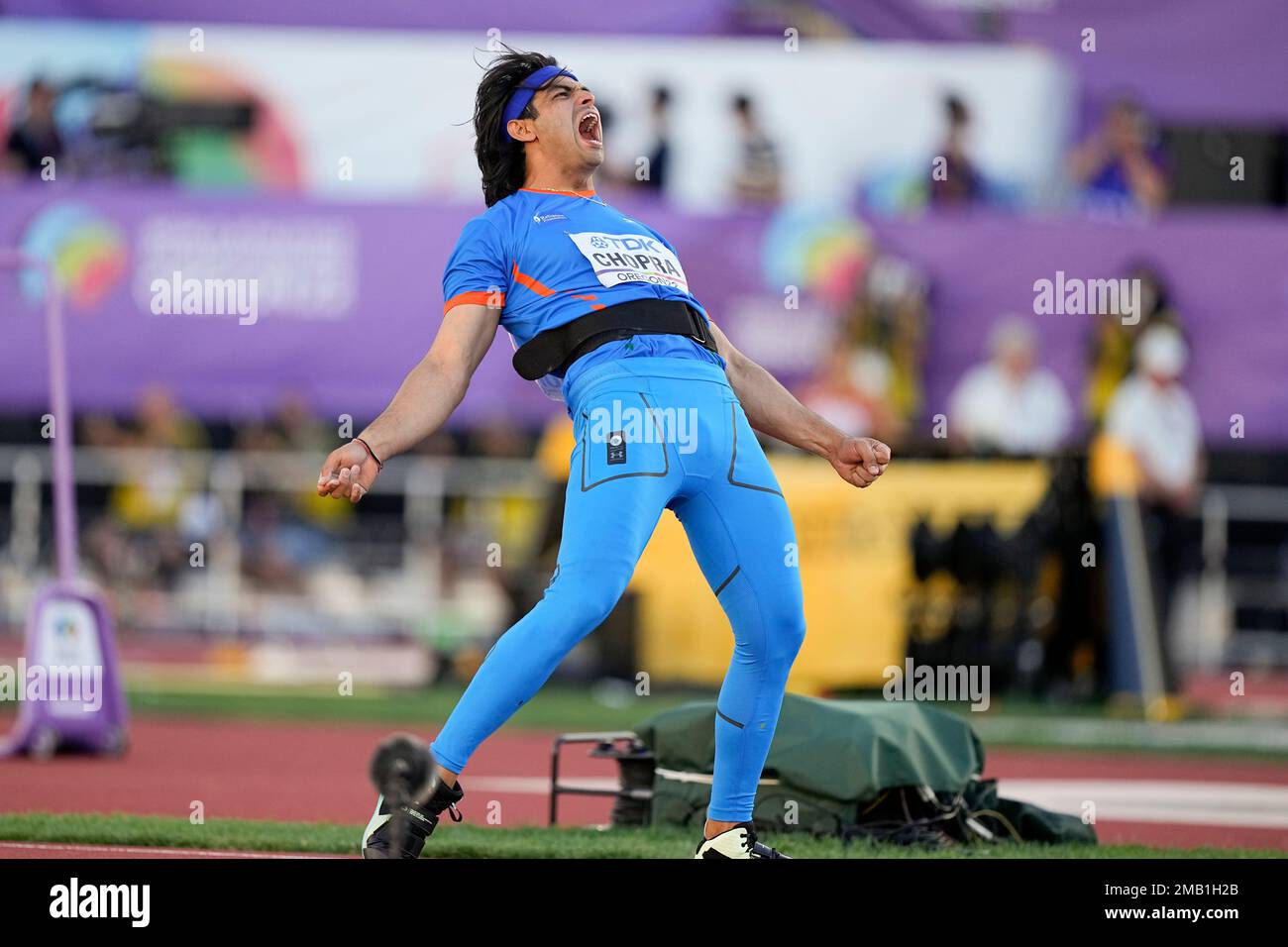 Silver medalist Neeraj Chopra, of India, celebrates during the men's ...