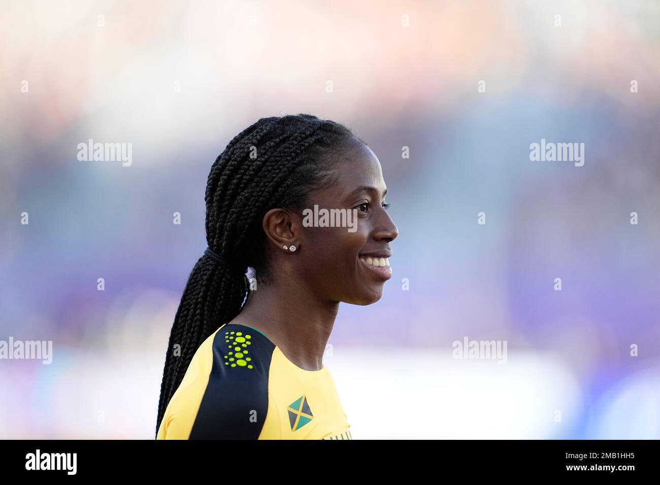 Kemba Nelson, of Jamaica, prepares for the wins the final in the women ...