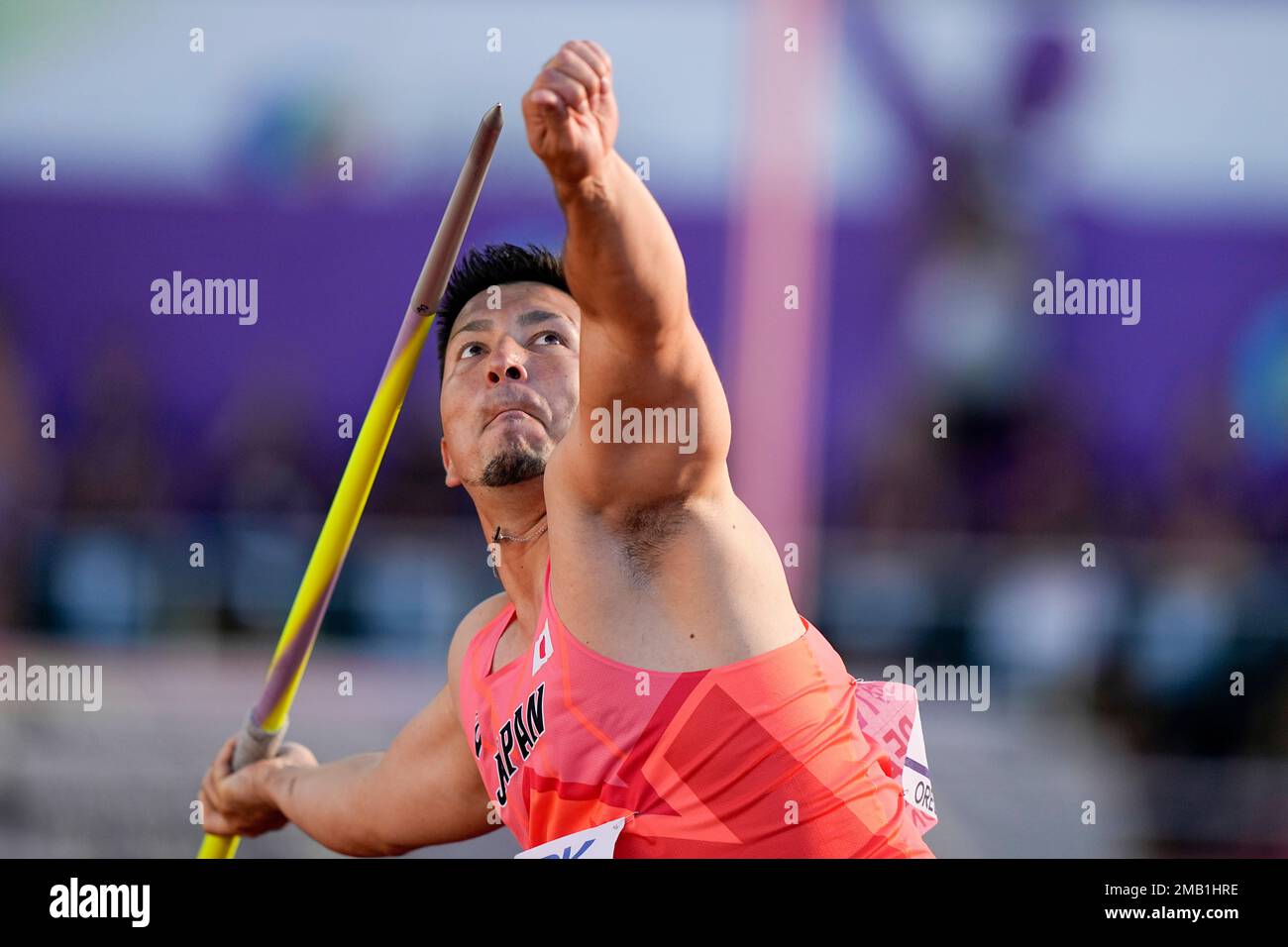Roderick Genki Dean, of Japan, competes in the men's javelin throw ...