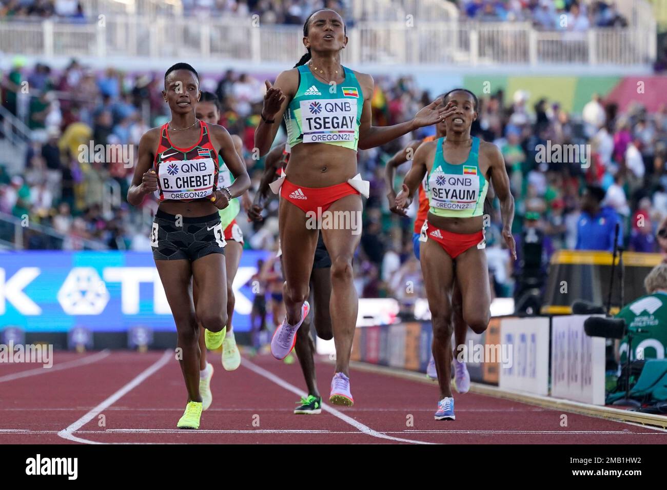 Gudaf Tsegay, of Ethiopia, wins the final in the women's 5000-meter run ...
