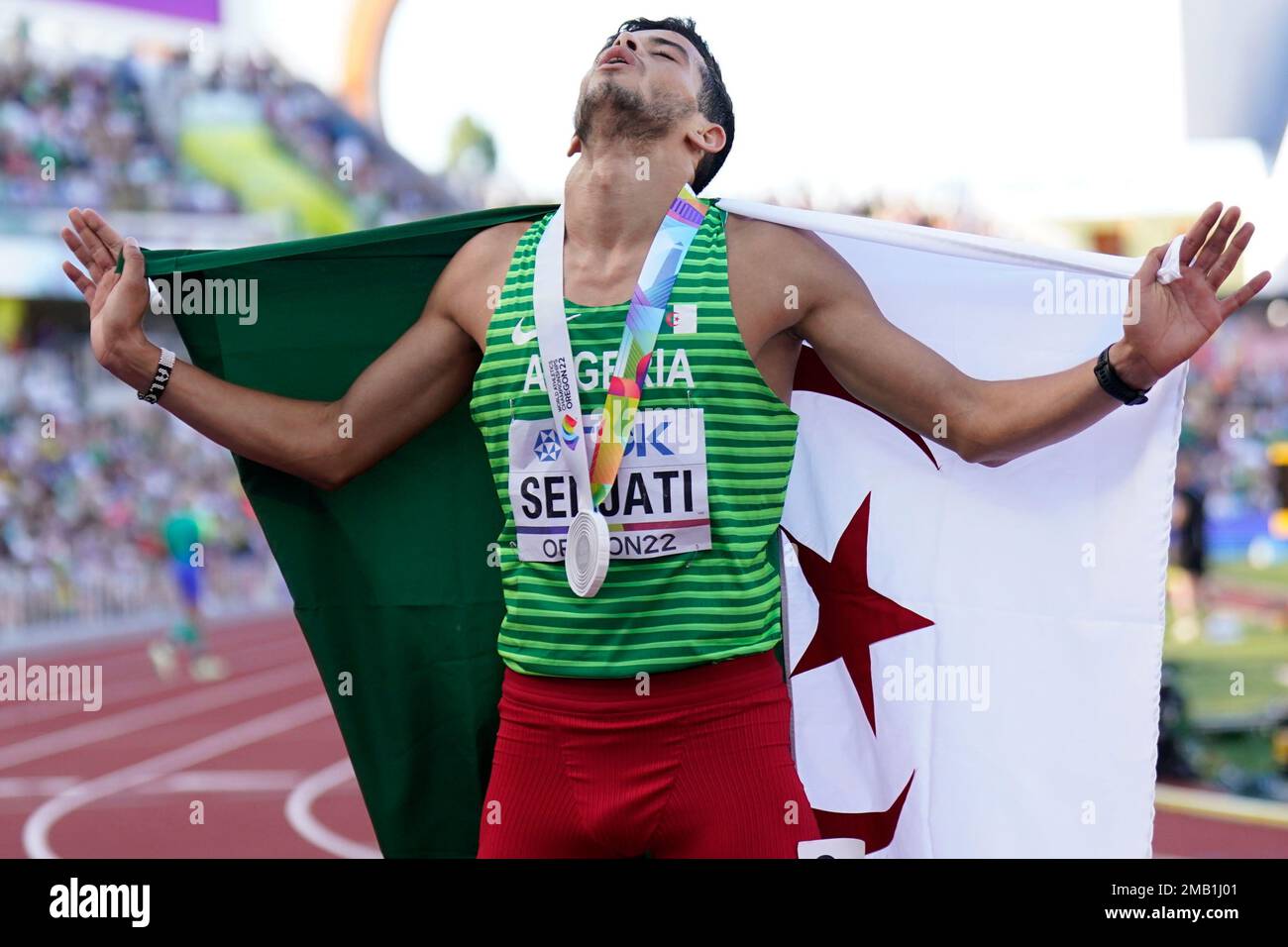 Silver medalist Djamel Sedjati, of Algeria, celebrates after the final ...