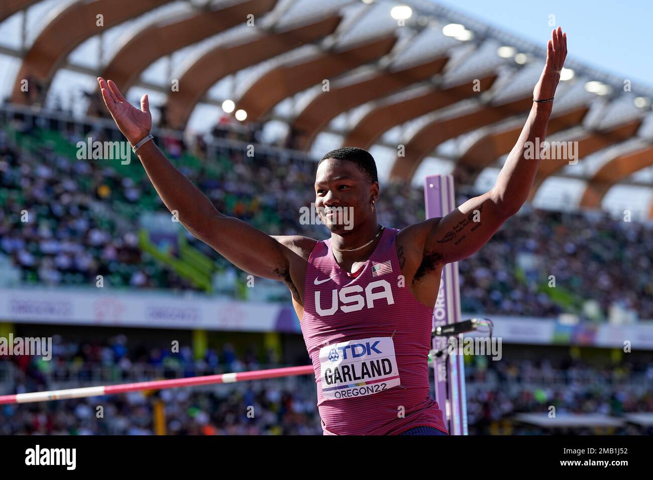 Kyle Garland, of the United States, competes in the decathlon high jump ...