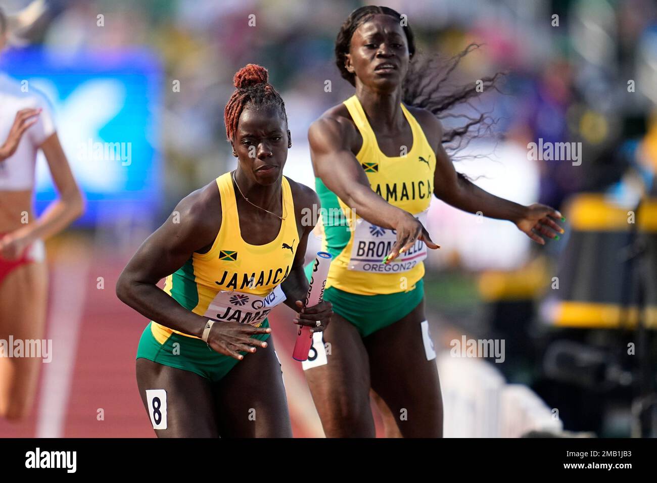 Tiffany James, of Jamaica, competes in a heat during the women's 4x400 ...