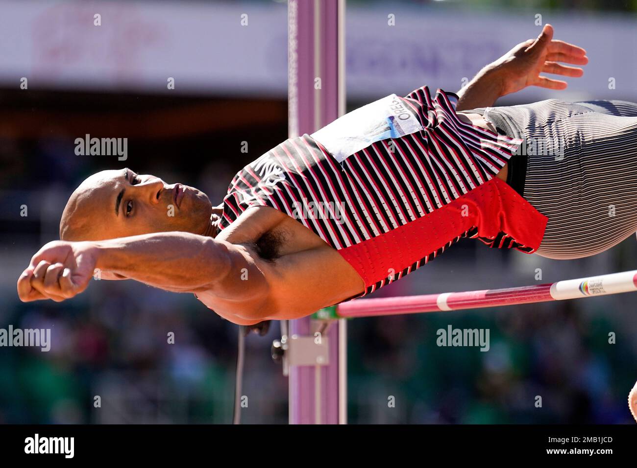 Damian Warner, of Canada, competes in the decathlon high jump at the ...