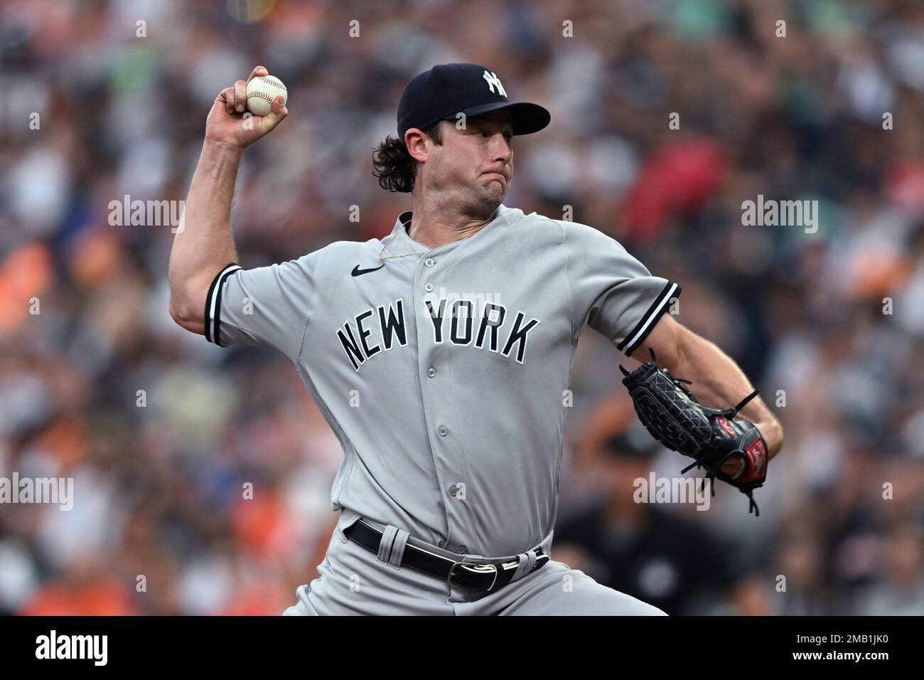 New York Yankees pitcher Gerrit Cole throws to a Baltimore Orioles ...