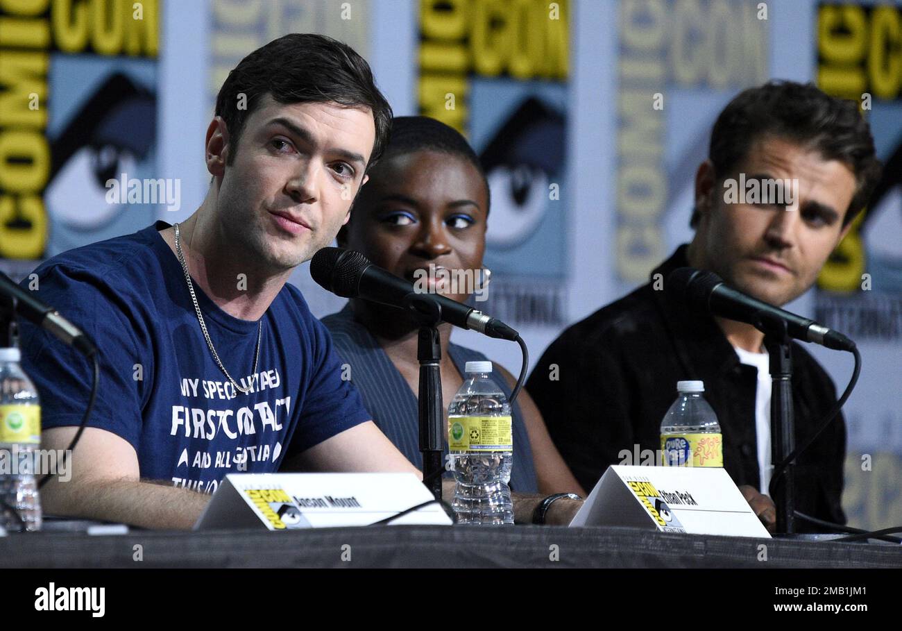 Ethan Peck, from left, Celia Rose Gooding and Paul Wesley attend the ...