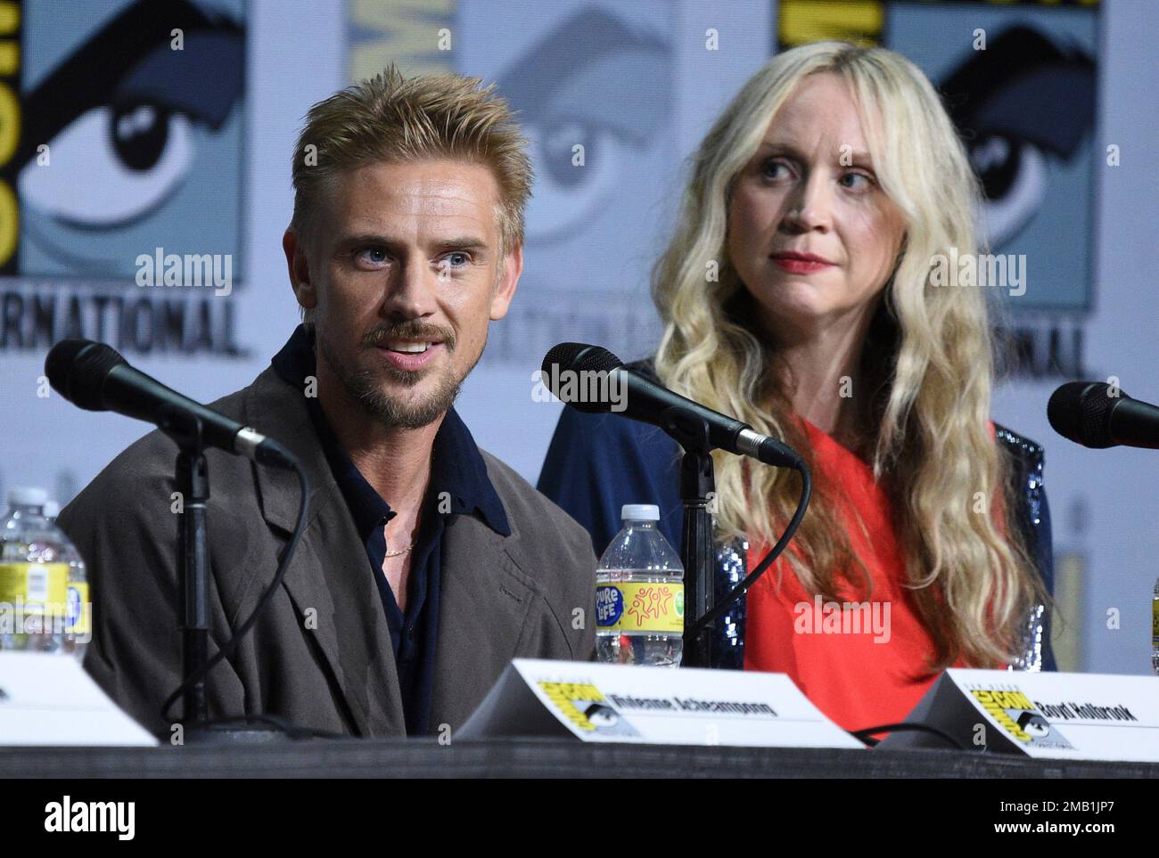 Boyd Holbrook, left, and Gwendoline Christie attend a panel for "The ...