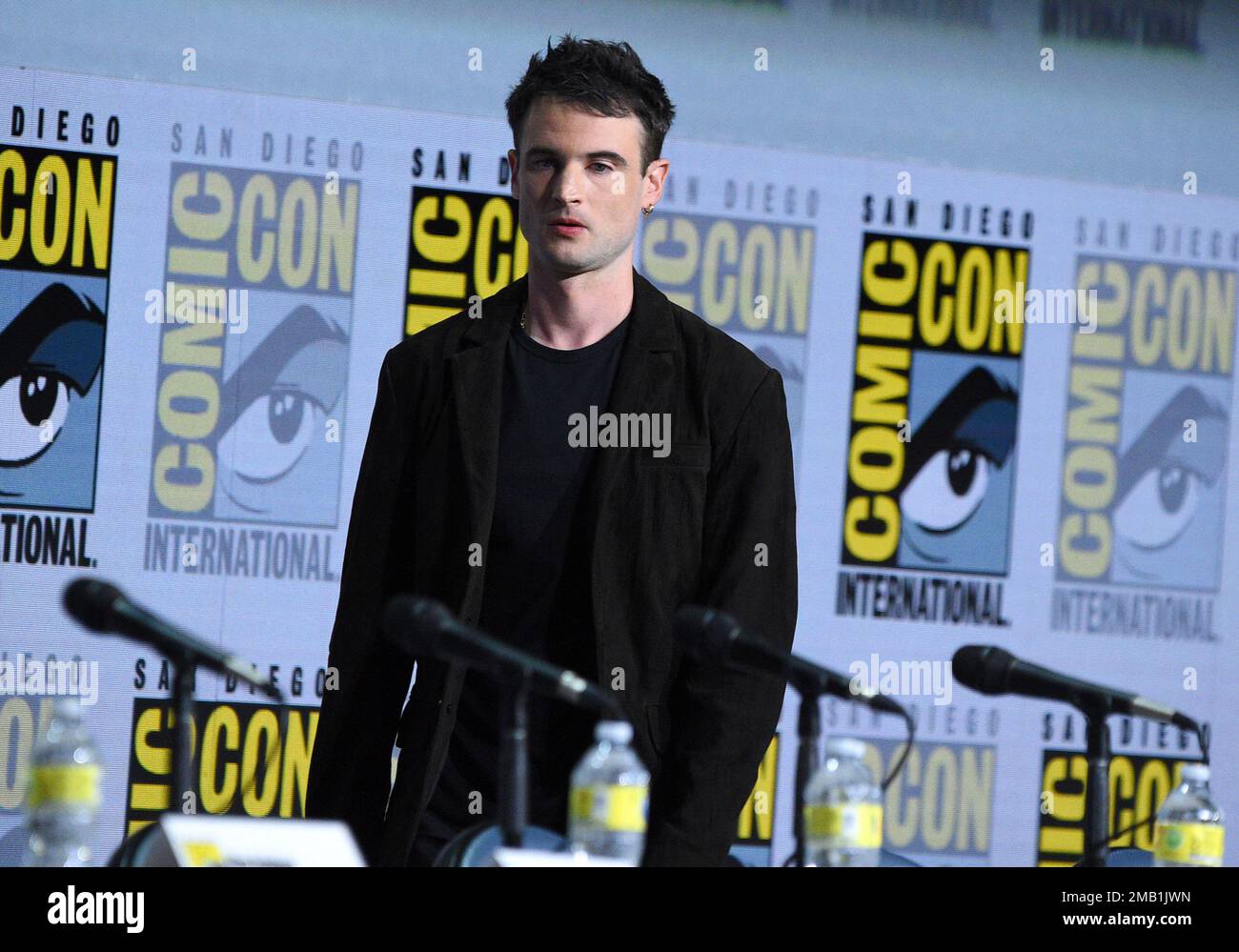 Tom Sturridge attends a panel for "The Sandman" on day three of Comic ...