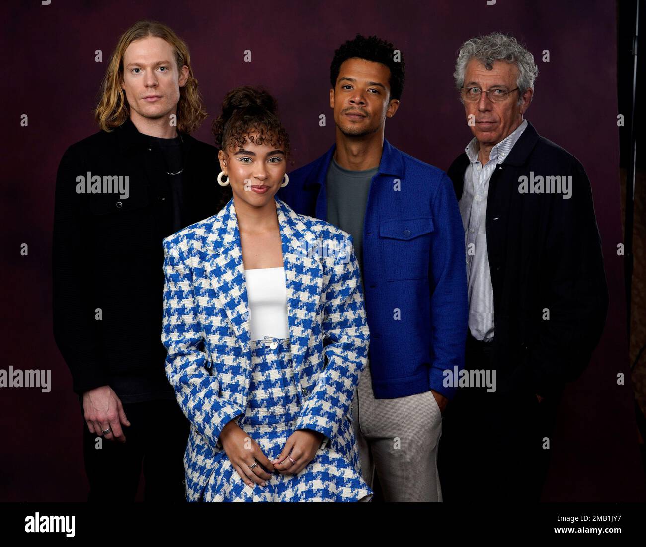 Sam Reid, from left, Bailey Bass, Jacob Anderson and Eric Bogosian pose ...