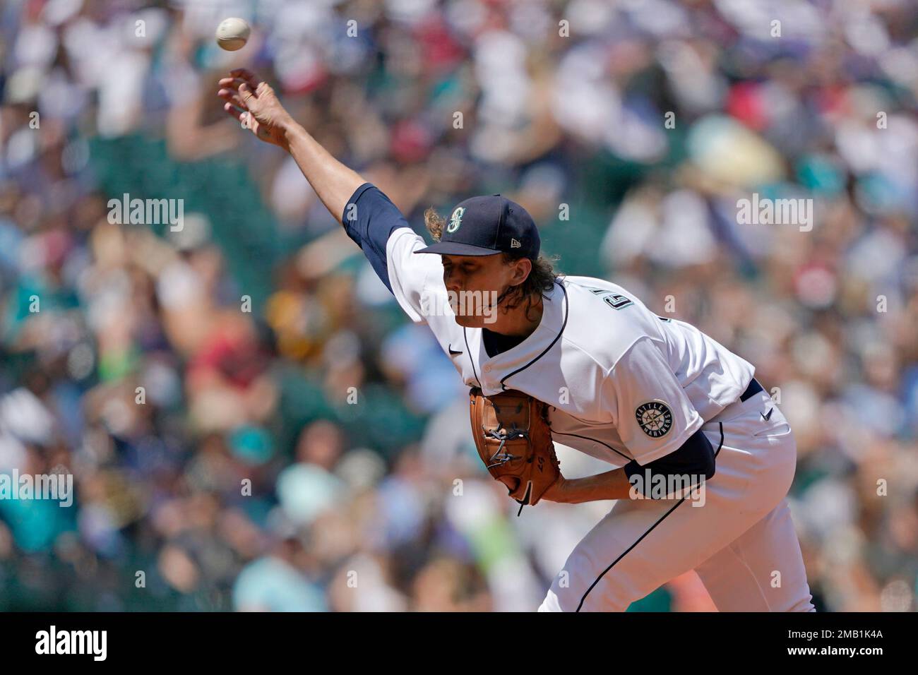 Seattle Mariners starting pitcher Logan Gilbert throws against the ...