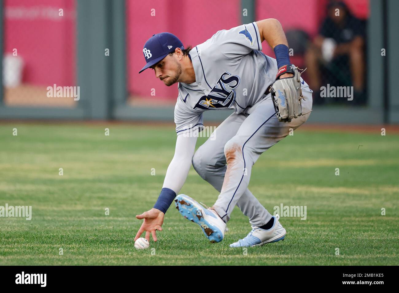 Tampa Bay Rays right fielder Josh Lowe chases down a hit by Kansas City ...