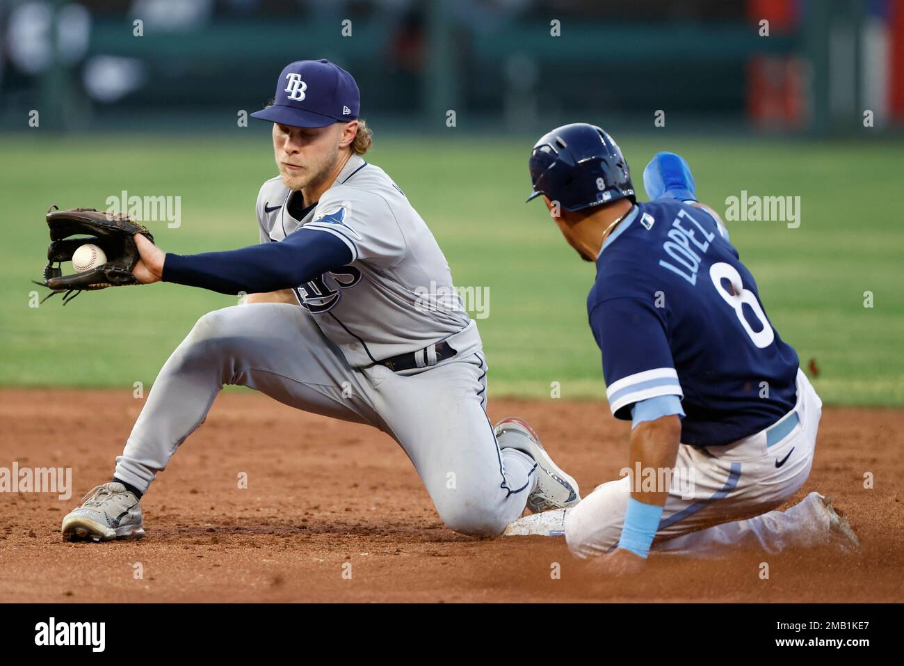 Kansas City Royals' Nicky Lopez (8) steals second as Tampa Bay Rays ...