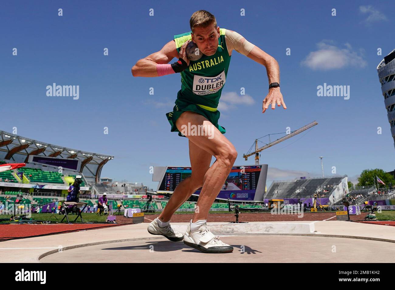 Cedric Dubler, of Australia, competes in decathlon shot put at the ...