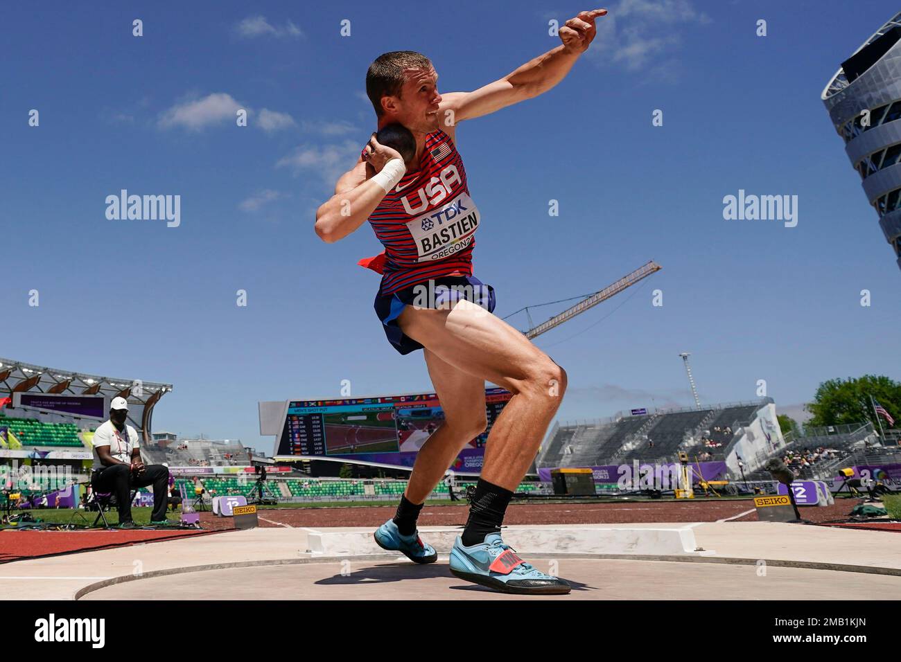 Steven Bastien, of the United States, competes in decathlon shot put at ...