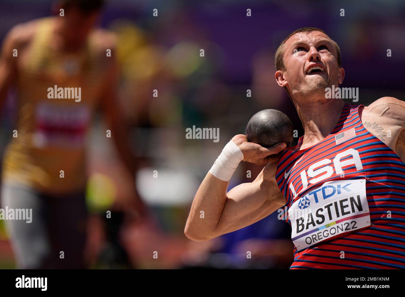 Steven Bastien, of the United States, competes in decathlon shot put at ...